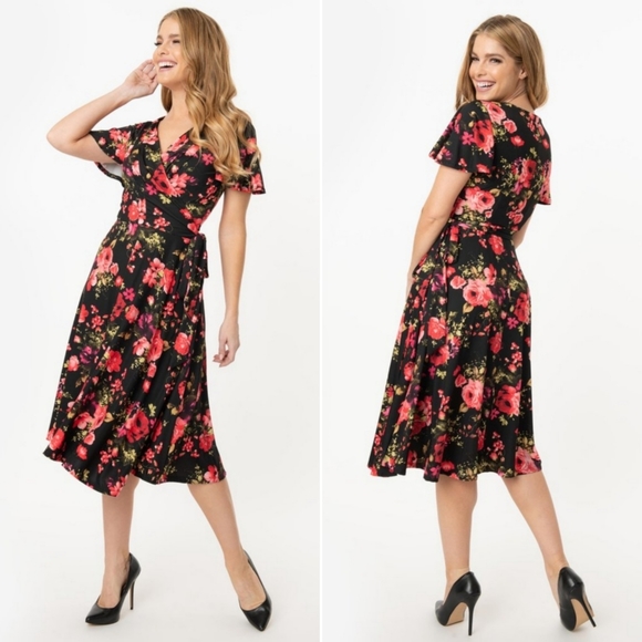 Unique Vintage | Dresses | Black Red Cabbage Rose Print Jennie Wrap ...